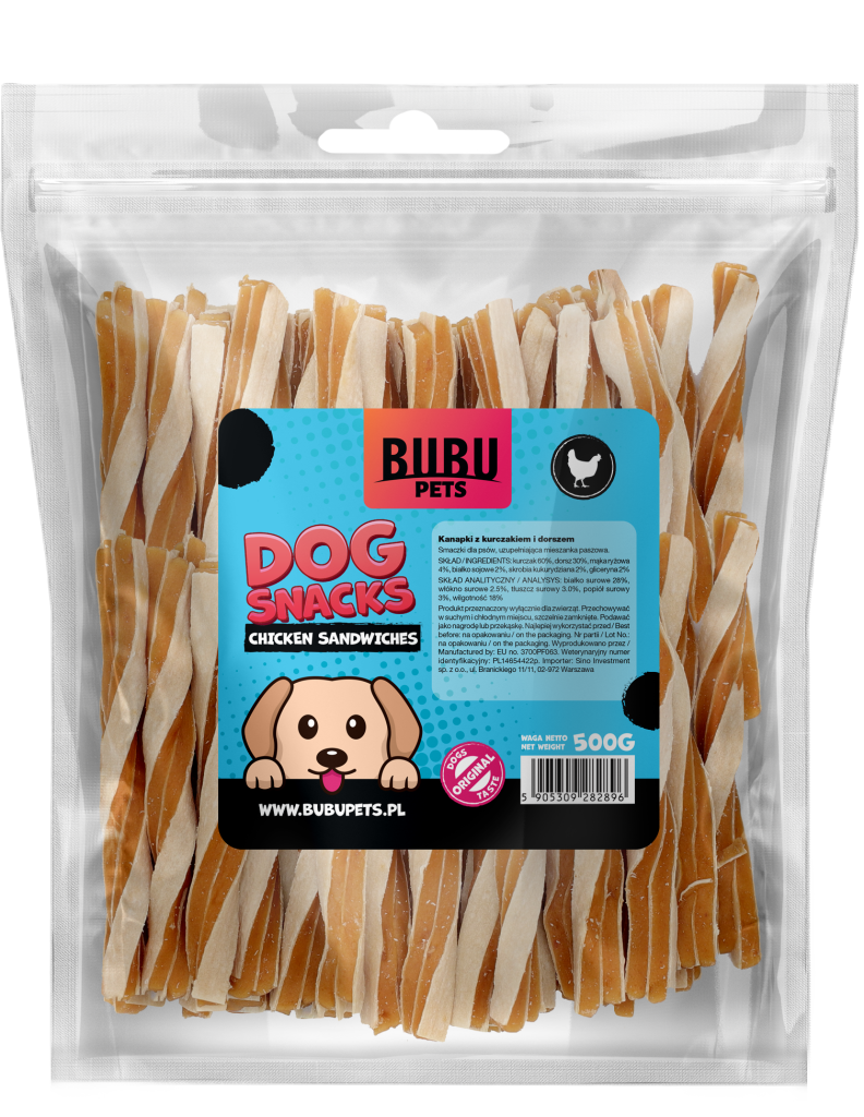 BUBU PETS suņu gardumi – vistas un mencas sviestmaižu standziņas, 500 g ...